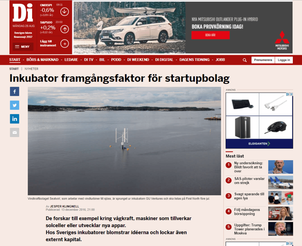 Dagens Industri, DI, mentions SeaTwirl in a new article - SeaTwirl